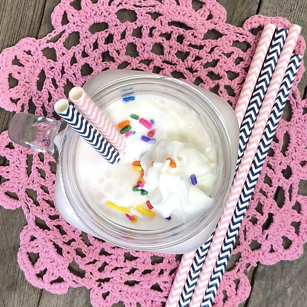 Outside the Box Papers Pink and Navy Blue Chevron and Dot Paper Straws 7.75 Inches 100 Pack Pink, Navy Blue, White