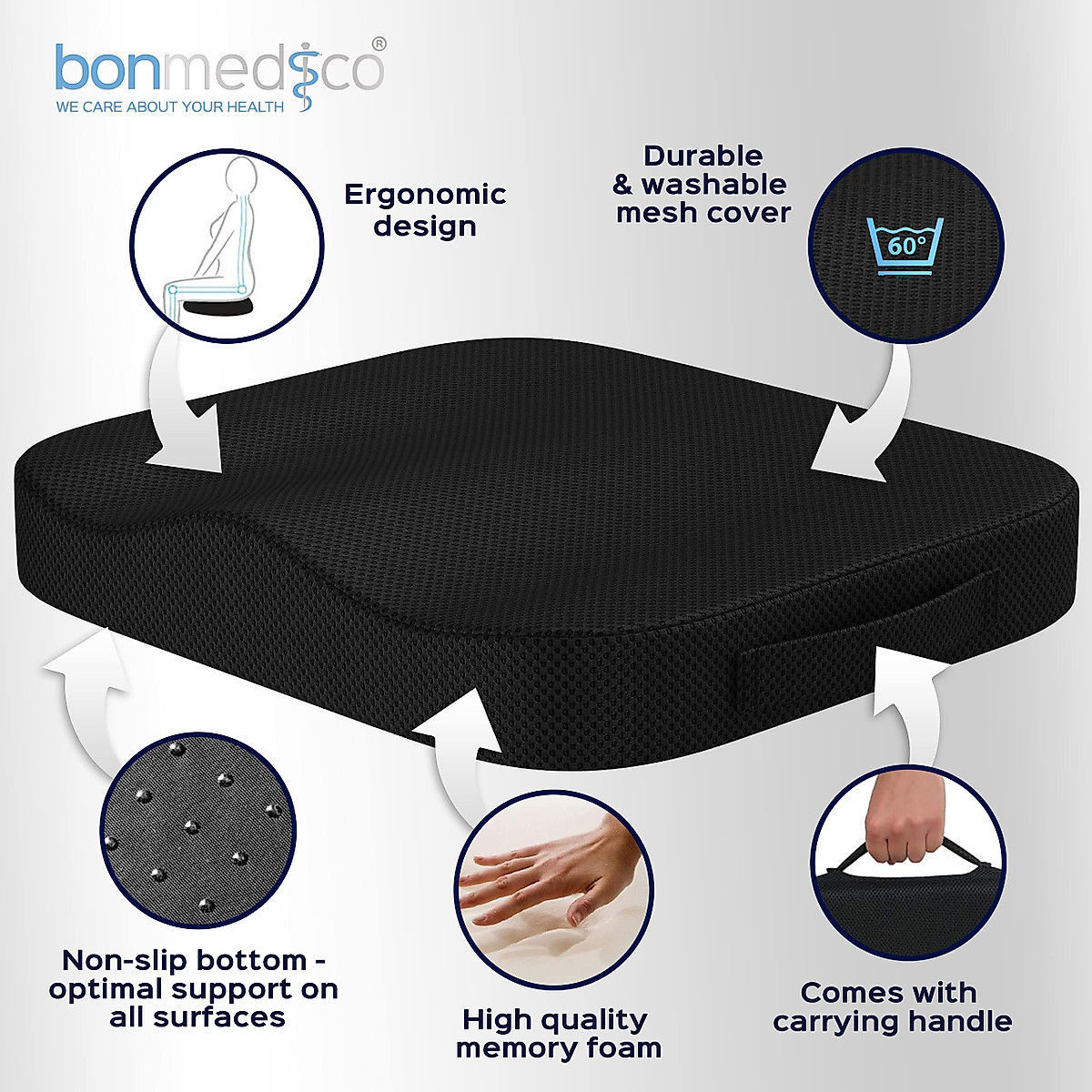bonmedico Orthopedic Seat Cushion - Plush 16 x 16 Inch Memory Foam Comfort Chair Cushions for Height Boosting, Back Relief - Pressure Aid Support Pillow for Office, Car, Home & Wheelchair