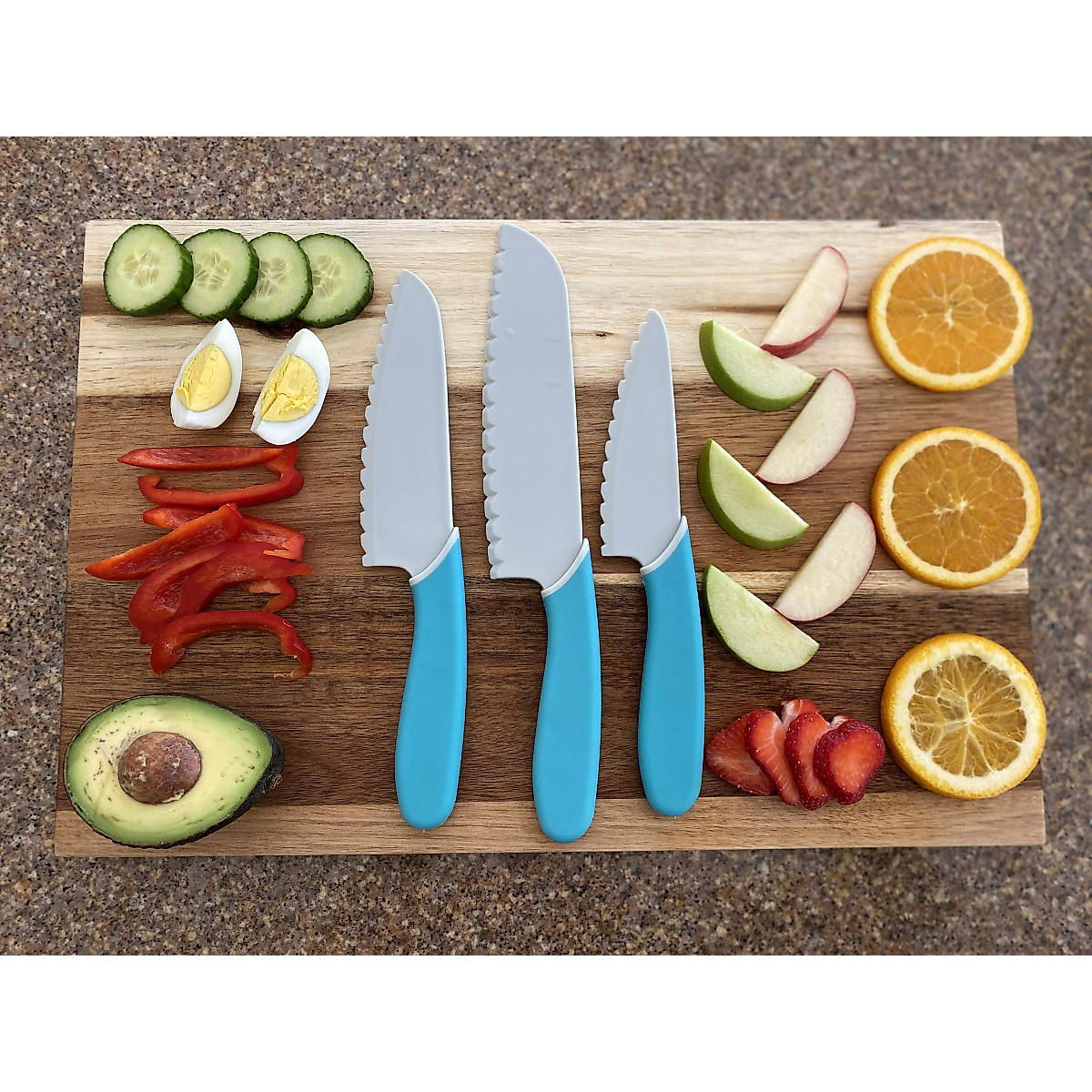 Handstand Kitchen 3-Piece 5", 6" and 7" Serrated BPA-Free Knife Set for Kid Safe Cooking