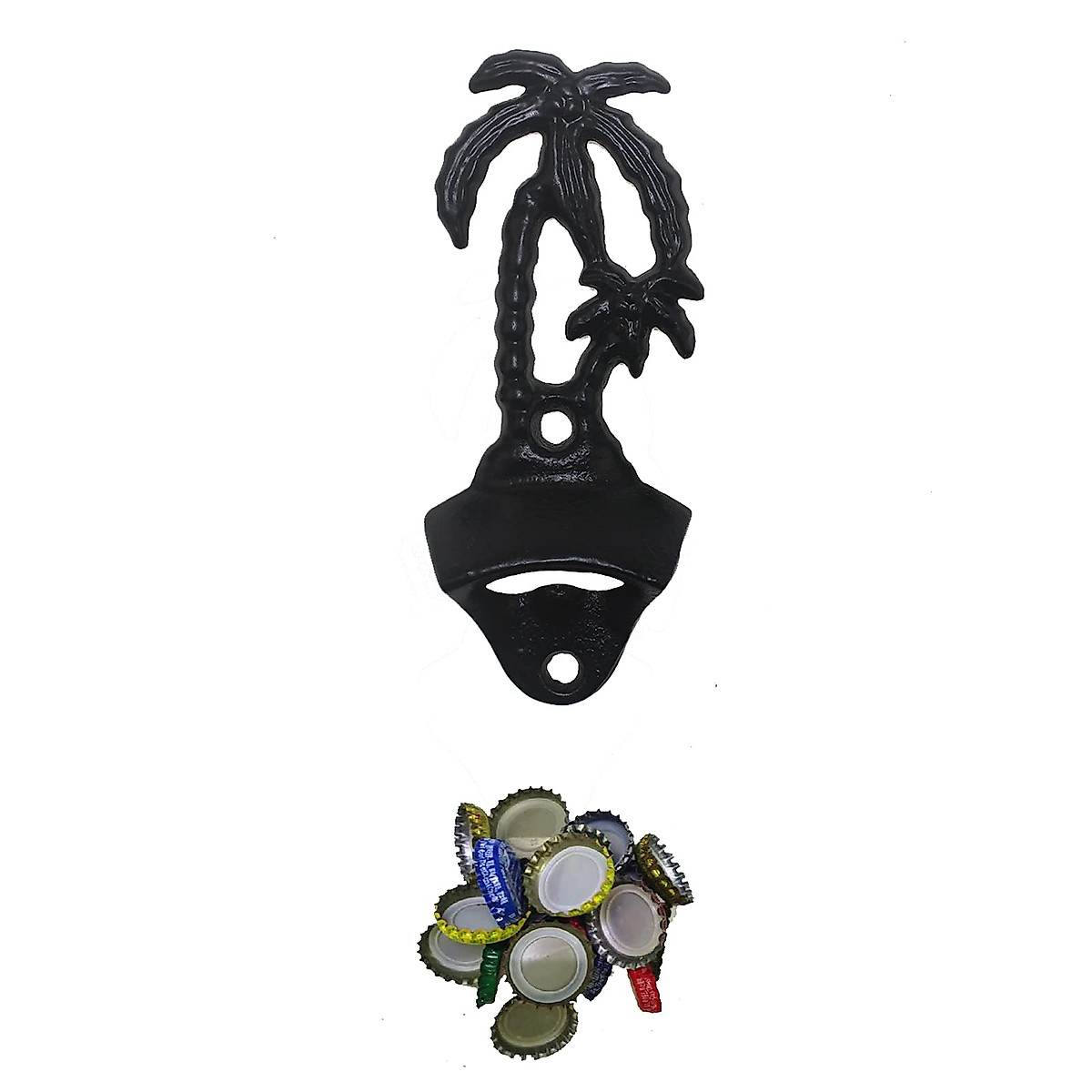Luwanburg Palm Tree Cast Iron Beer Bottle Opener Wall Mounted with Magnetic Cap Catcher (Black)