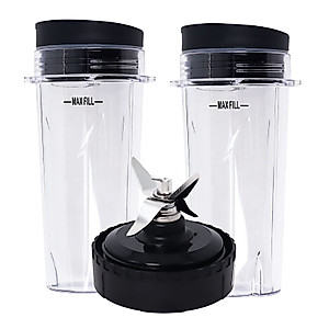 Replacement Parts Compatible with Nutri Ninja, Blender Blade 6 Fins and 2 Pcs 16oz Single Serve Blender Cup Set Compatible with Ninja BL660 BL740 BL770 BL780 BL771 BL772 BL773CO