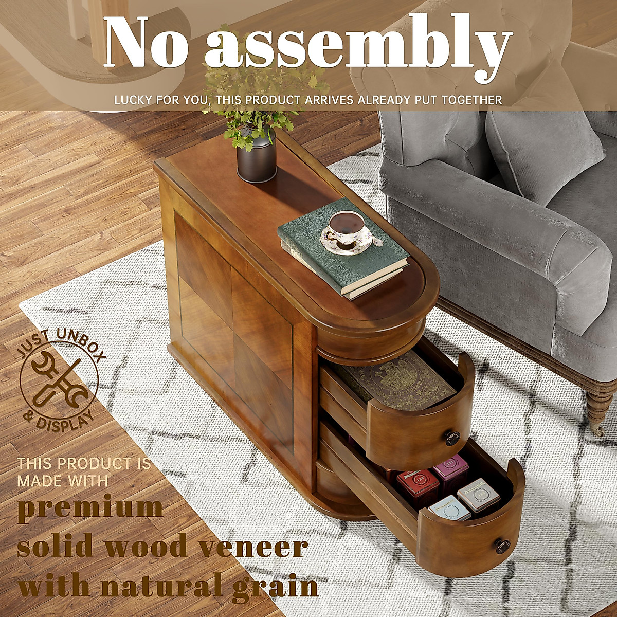 Wood End Table with 2 Drawers, No Assembly Required Narrow Sofa Side Table for Living Room, Vintage Slim Nightstand Bedside Table for Bedroom, Finished Back (2 Drawers, Brown, 1Pc)