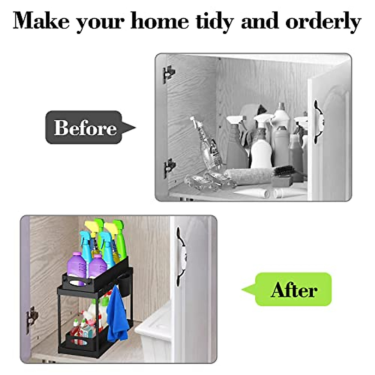 GzfunTeng Under Kitchen Sink Organizer and Storage, 2 Tier Sliding Bathroom Organizer, Pull Out Cabinet Organizer with 4 Hooks, 1 Hanging Cups, Finishing Storage Rack