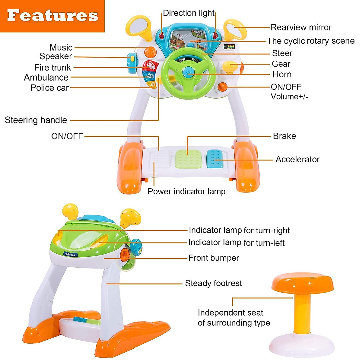 COLOR TREE Kids Pretend Ride on Toy,Steering Wheel Driving Simulate Toys for Toddlers