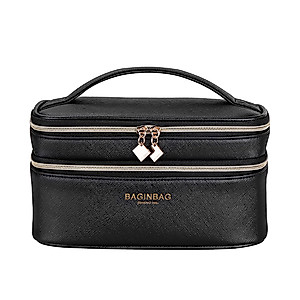 iN. Multifunction Dual Compartment Portable Waterproof Cosmetic Bag Travel Makeup Case With Handle -Two Storage Compartments Space Fits ALL Your Makeup and Lipstick Train Case for Womens