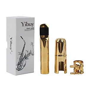 Yibuy Gold Plated Brass B-flat Tenor Saxophone Sax Mouthpiece with Cap Ligature 7#