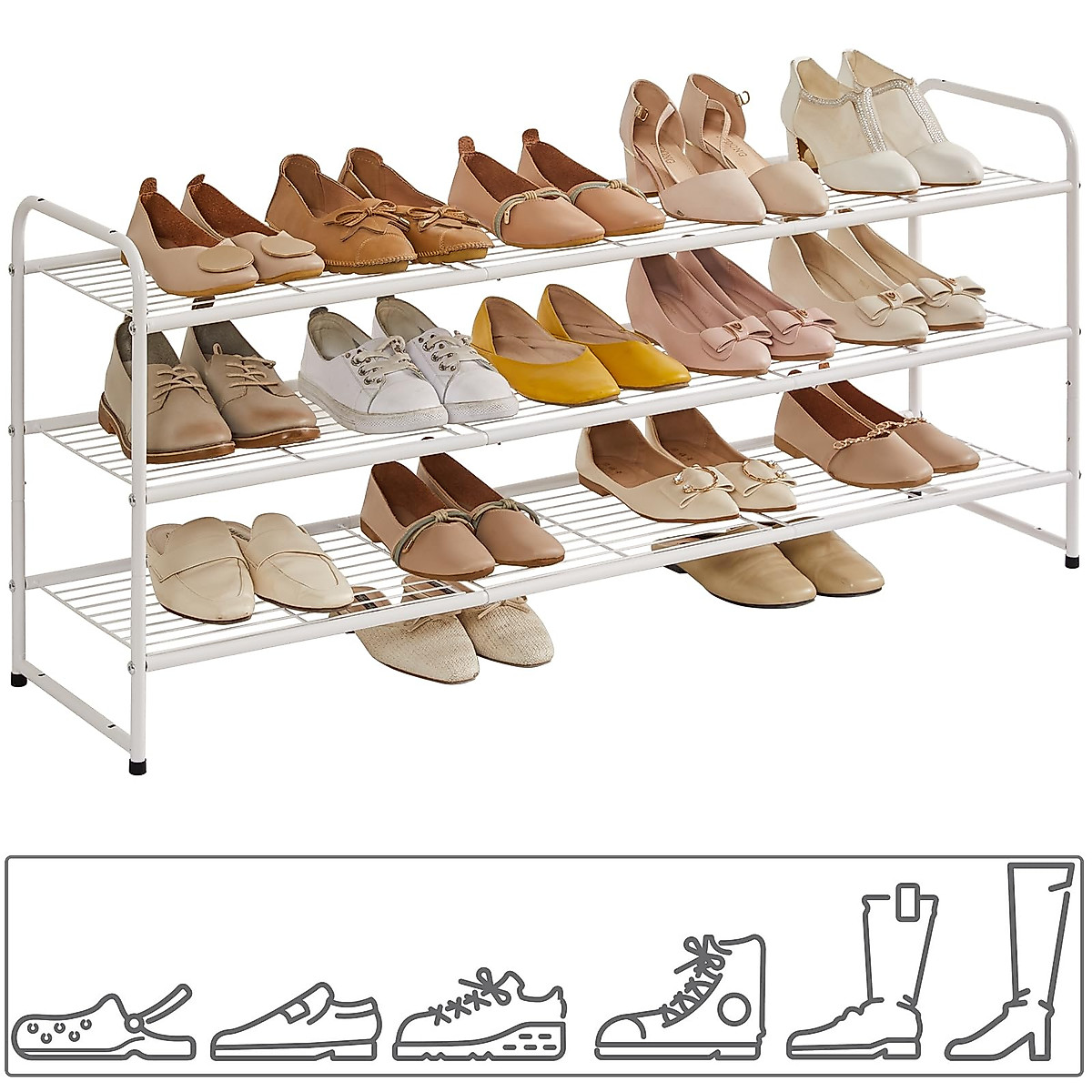 YMYNY Freestanding Shoe Racks, 3 Tiers Stackable & Adjustable Shoe Storage Shelf, Extra Large Capacity Shoe Organizer Stand for 20-24 Pairs, for Entryway, Closet, Bedroom, White, 42.9" L, UHXJ302W