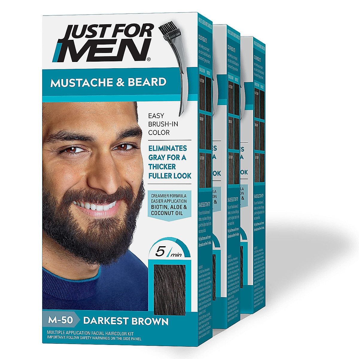 Just For Men Mustache & Beard, Beard Dye for Men with Brush Included for Easy Application, With Biotin Aloe and Coconut Oil for Healthy Facial Hair - Darkest Brown, M-50, Pack of 3