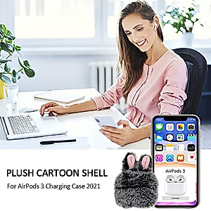 Cute Plush Rabbit Ears Airpods 3 Case 2021, Fluffy Soft Shockproof Anti-Fall Protective Case Cover for AirPods 3rd Generation (Grey)