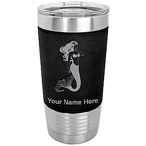 LaserGram 20oz Vacuum Insulated Tumbler Mug, Mermaid, Personalized Engraving Included (Faux Leather, Black)