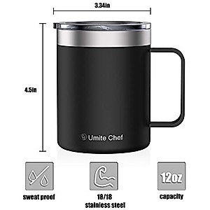 Umite Chef Stainless Steel Insulated Coffee Mug Tumbler with Handle, 12 oz Double Wall Vacuum Tumbler Cup with Lid Insulated Camping Tea Flask for Hot & Cold Drinks(Black)