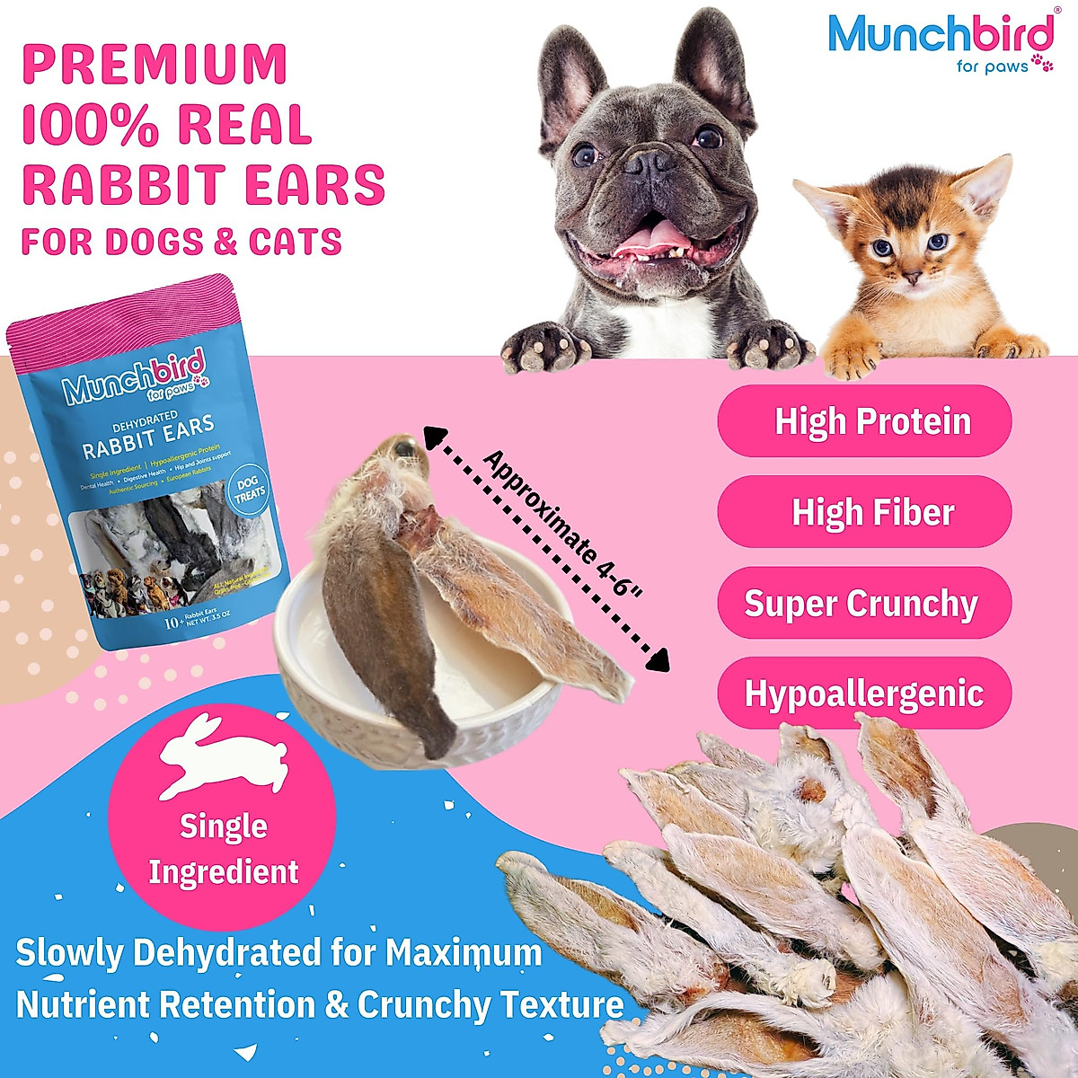 Munchbird Dehydrated Rabbit Ears (3.5 oz, 12-15 Counts) for Dogs & Cats, European Furry Rabbit Ear Natural Fiber for Dogs, Rawhide Free Alternative to Pig Ears for Dogs, Ear Size Varies