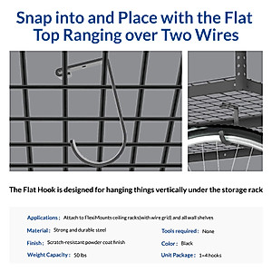 FLEXIMOUNTS 4-Pack Add-On Storage Flat Hook Accessory for Garage Ceiling Storage Rack and Wall Shelving, Black