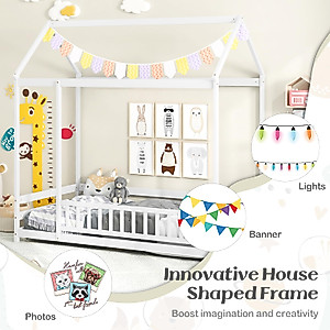 KOMFOTT Twin Size Floor House Bed, Wooden Montessori Bed with Roof & Full-Length Safety Guardrail, Floor Playhouse Bed Frame for Kids, Girls, Boys (White)