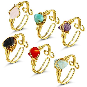 RnBLM JEWELRY 6 PCS Healing Crystal Ring for Women Irregular Crystal Gold Wire Wrapped Ring Gemstone Carnelian Rose Quartz Amethyst Evil Eye Tiger Eyes Adjustable Crystal Ring Set