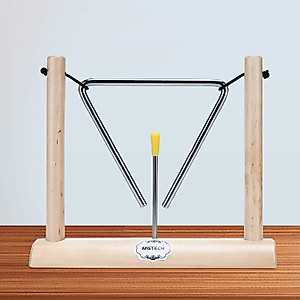 Musical Steel Triangle Percussion Instrument with Striker and Wooden Stand for Kids, Teachers' Classroom Reminder Bell