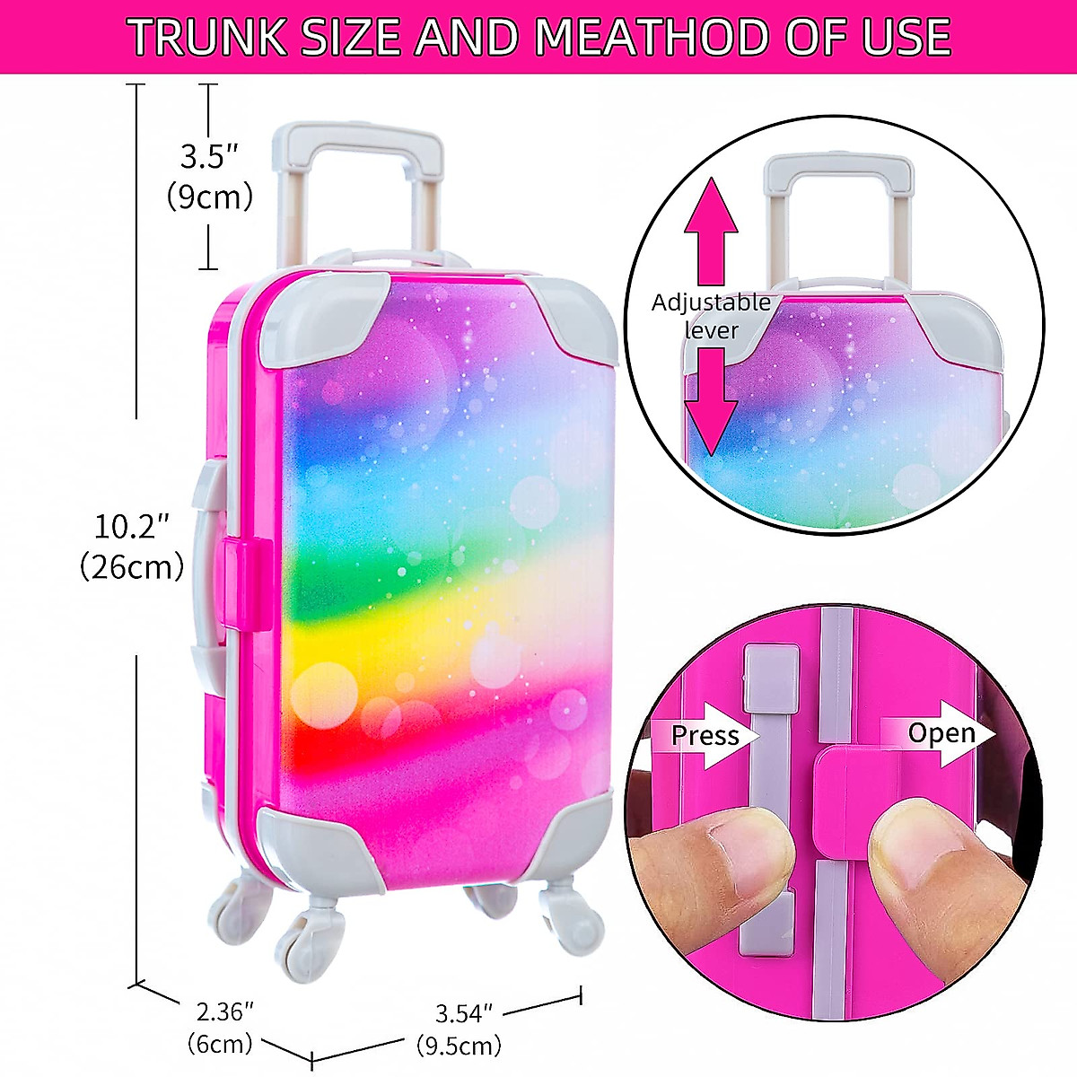 Doll Clothes and Accessories Travel Suitcase Playset for 18 Inch Girl Doll with Dolls Clothes, Backpack, Camera, Ipad, Phone, Sunglasses, Shoes, Gift for 3 to 7 Year Olds