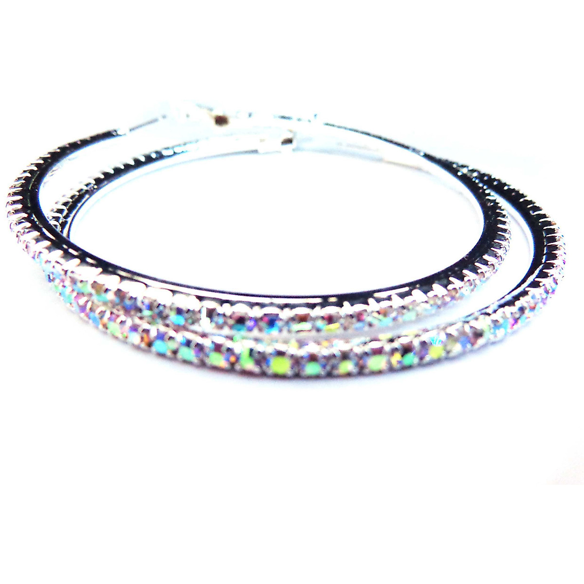 Crystal Iridescent Silver Tone Rhinestone Hoop Earrings 3 inch Hoop Earrings