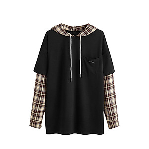 SweatyRocks Women's Casual Plaid Long Sleeve Hooded Sweatshirt Drop Shoulder Drawstring Hoodie with Pocket Stripe Black Medium