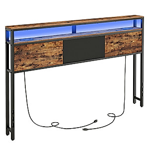 HOOBRO Queen Size Headboard, LED Headboard with 2 Storage Shelves, Storage Rack with 2 Outlets and 4 USB Ports, Adjustable Height, Sturdy and Stable, Easy Assembly, Rustic Brown and Black