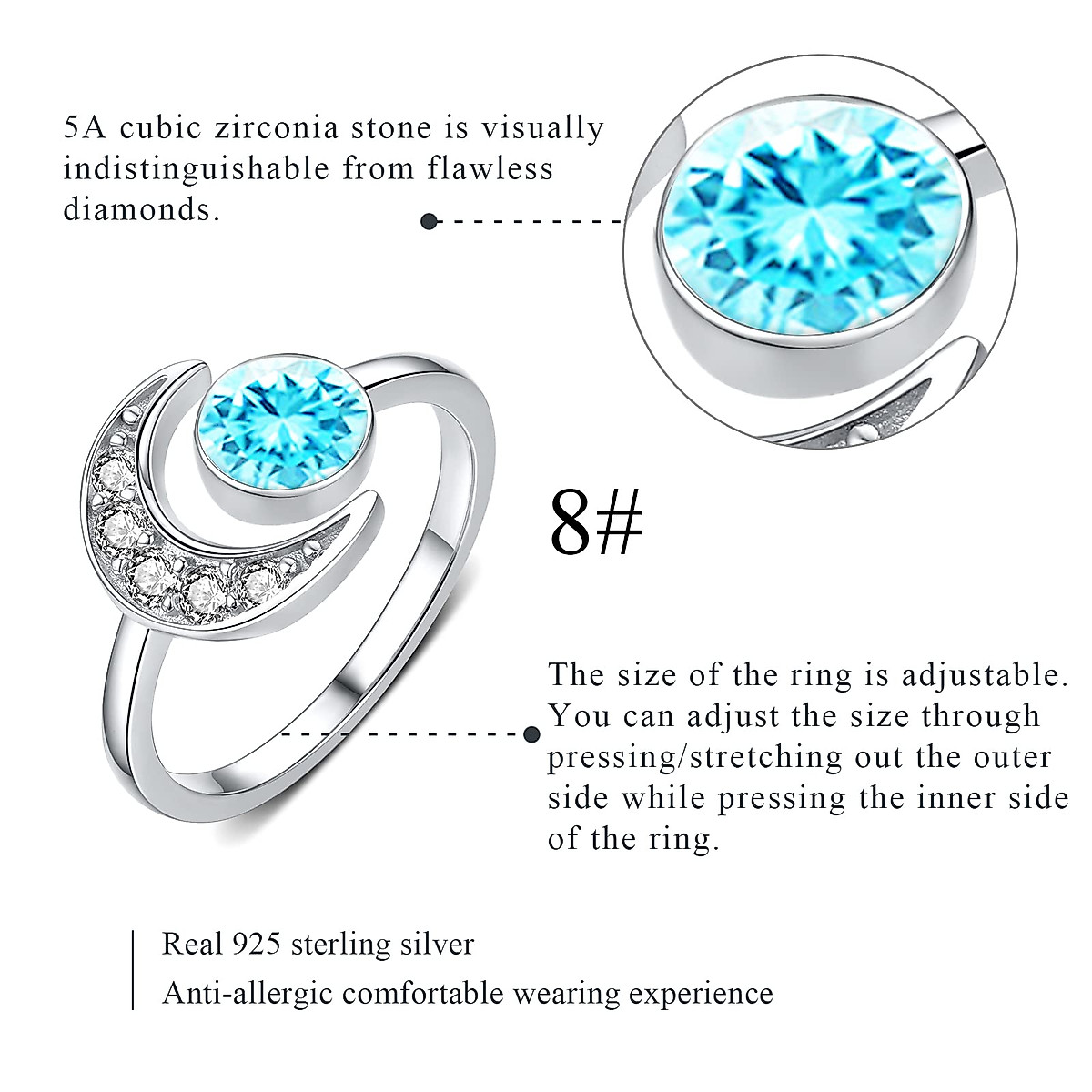 CUOKA MIRACLE December Birthstone Moon Rings for Women 925 Sterling Silver Birthday Stone Moon Shaped Adjustable Open Ring Anniversary Birthday Mothers Day Jewelry Gift for Wife Mom Daughter