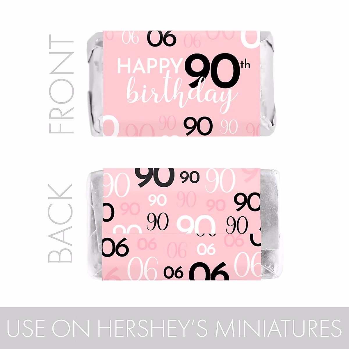 DISTINCTIVS Pink, Black, and White 90th Birthday Party Mini Candy Bar Wrappers - 45 Count, 90th Birthday Decorations for Women