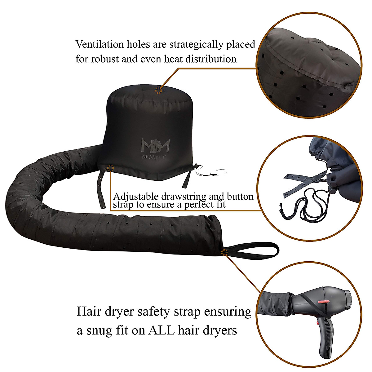 Bonnet Hair Dryer Attachment-W/ 10 Silicone Hair Curlers-Extra Large Adjustable Soft Hooded Hair Dryer Bonnet With Extra Long Hose For Drying,Styling,Curling&Deep Conditioning Fits All Head&Hair Sizes