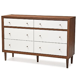 Baxton Furniture Studios Harlow Mid-Century Wood 6 Drawer Storage Dresser, Medium, White and Walnut