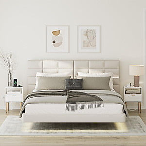 Aobafuir Nightstand with Charging Station, Drawer Dresser for Bedroom, Small Side Table with Drawer, Night Stand, End Table with Gold Frame for Bedroom, Living Room, Stripe White