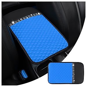 NHHC Bling Leather Car Armrest Box Cover,Car Center Console Protector with Colorful Crystal Rhinestones,Anti-Scratch Waterproof Car Armrest Seat Pad for Most Car,SUVs,Trucks (Blue)