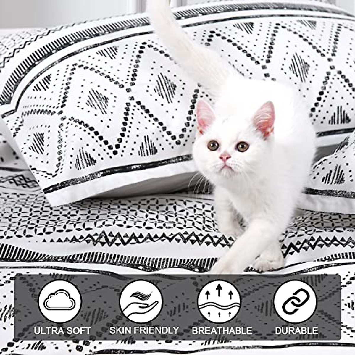 PHF Washed Soft Duvet Cover Set California King Size, 3 Piece Boho Stripe Printed Comforter Cover Set, Ultra Soft Comfy Durable Bohemia Farmhouse Duvet Cover with Zipper Closure,104"x98",Black & White