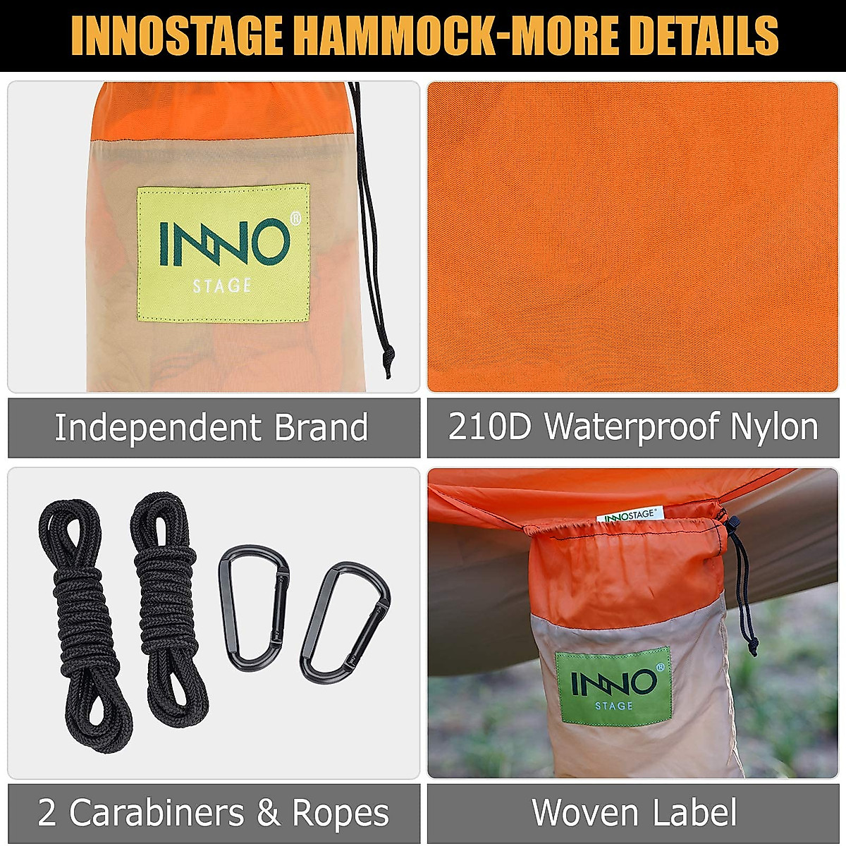 Camping Hammock - Portable Hammocks Single with 2 Tree Straps, Lightwight Camping Gear for Hiking, Backpacking, Hunting, Outdoor, Beach - Orange