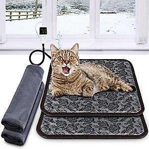 2 Pcs Pet Heating Pad Heated Dog Bed Waterproof Cat Warming Pad Adjustable Heated Dog Pad Pet Electric Heating Mat with Washable Cover, Switch, Anti Bite Steel Cord for Pets Puppy 17.7 x 17.7" (Gray)