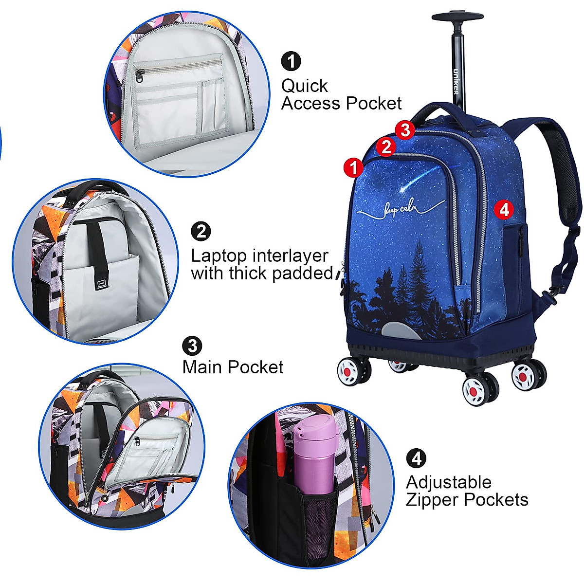 Rolling Backpack with Spinner Wheels For Teens,Roller Bookbag for Girl Boy,Wheeled Laptop Bag Fits 15.6 Inch Notebook,Luggage With Spinner Wheels For Travel,Suitcase Bag with Laptop Padded Compartment