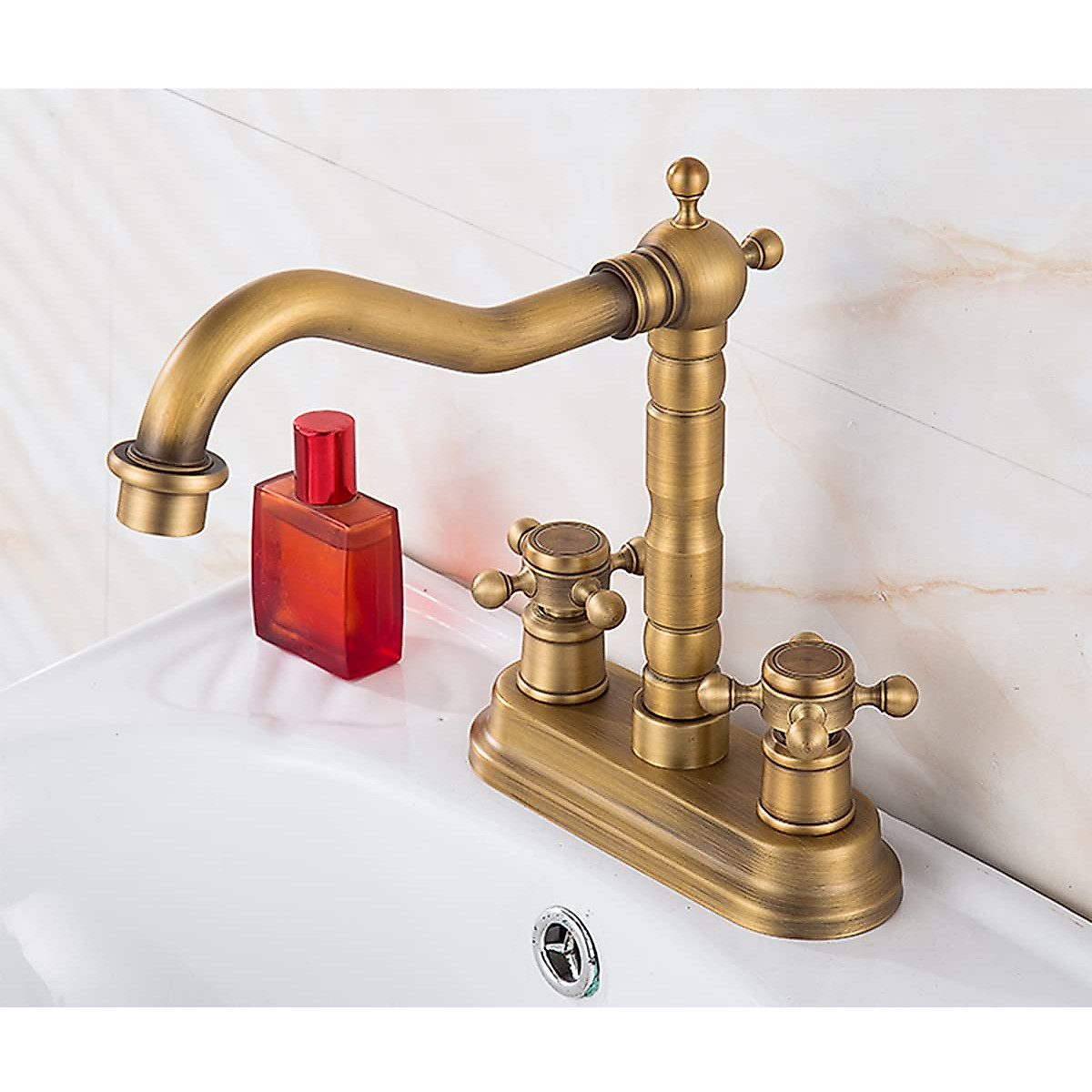 Chiczam Bathroom Faucet 4 Centerset 2 Handles Antique Brass Cross Knobs Basin Mixer Tap Three Holes Kitchen Lavatory Vanity Sink Faucet Deck Mounted
