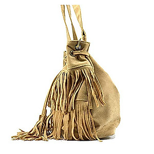 Heidi Women's Fringed Bucket Purse Tassel Faux Suede Shoulder Bag Ring Top-Handle Crossbody Bag Apricot