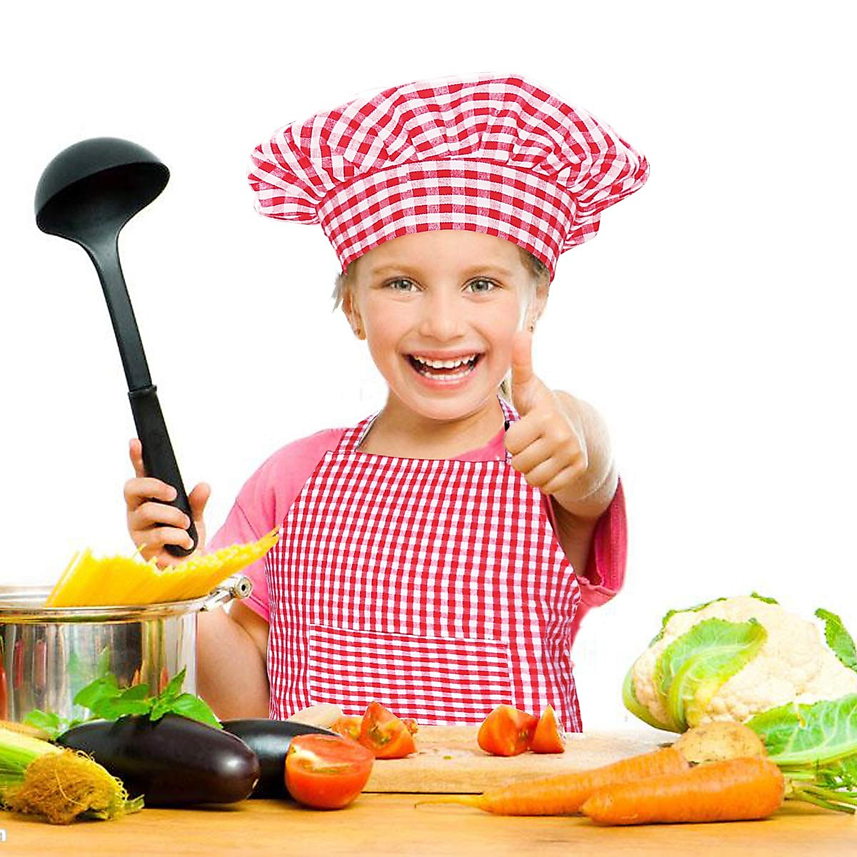 Kids Chef Hat Apron Set, Cute Children Baby Baking Gingham Aprons with Adjustable Neck Strap and Pockets for Boys and girls Cooking Baking Painting Gardening Aprons in 2 Sizes (Red Gingham, Small)