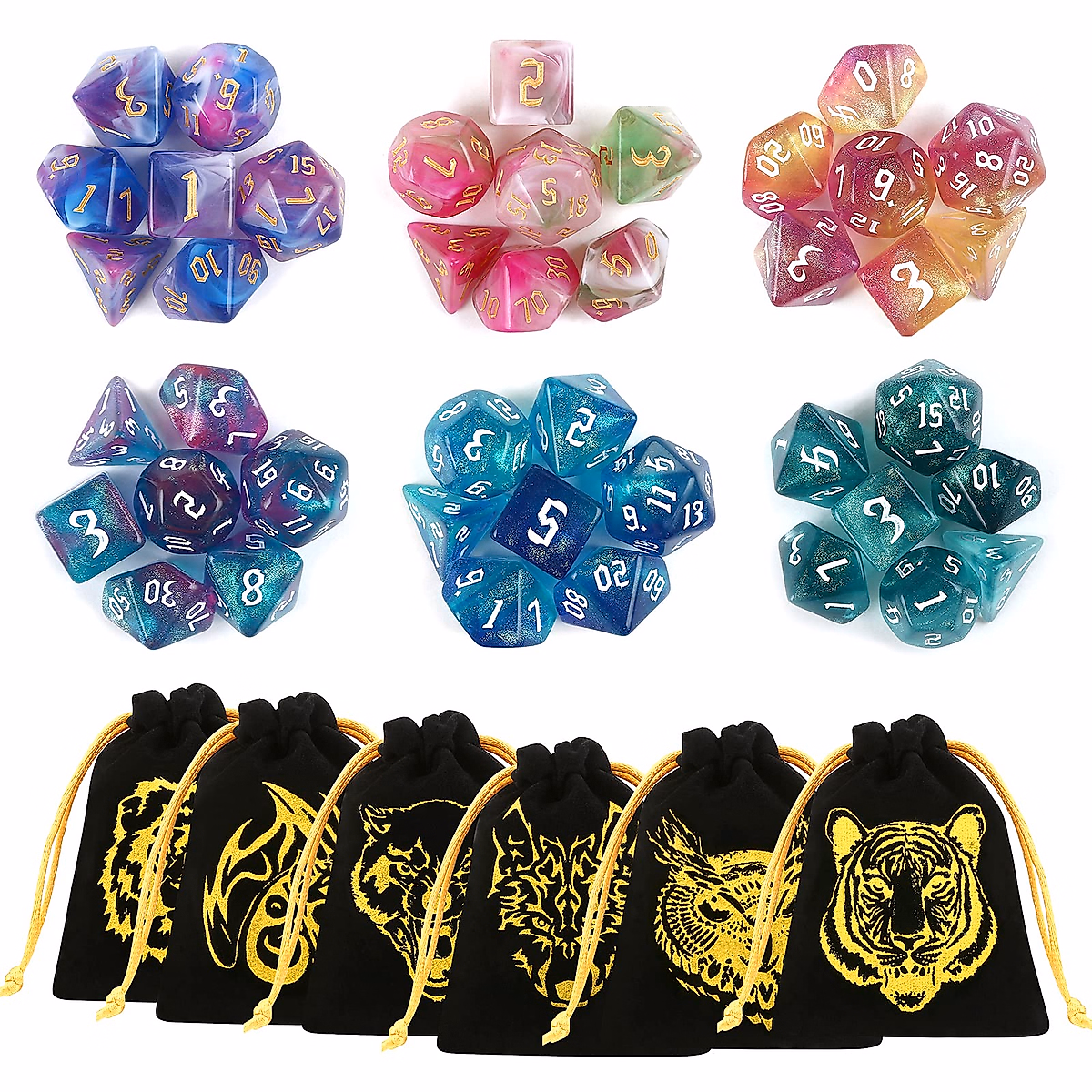 GWHOLE 42 Pcs(6 Sets) Polyhedral Dice with Gold Pattern Drawstring Pouches for DND RPG MTG Dungeon and Dragons Table Board Roll Playing Games Style 3