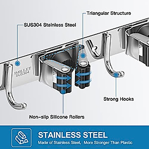 IMILLET 2 Pack Broom Holder Wall Mount, Broom Holder Stainless Steel 5 Racks with 4 Hooks Broom Organizer Wall Mount Self Adhesive Laundry Room Organization Heavy Duty Garage Organization Storage
