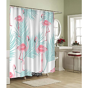 Mugod Pink Flamingo Shower Curtains Seamless Pattern Flamingo Standing on Tropical Leaves and White Background Decorative Bathroom Waterproof Fabric Shower Curtain with 12 Hooks 60 x 72 Inches