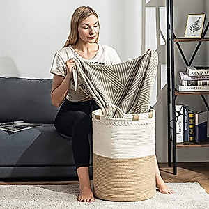 YOUDENOVA 72L Large Woven Laundry Hamper- Tall Laundry Basket for Clothes, Cotton Rope Hamper with Durable Handles, Decorative Brown Laundry Basket for Bedroom and Living Room, 16”W x 22”H