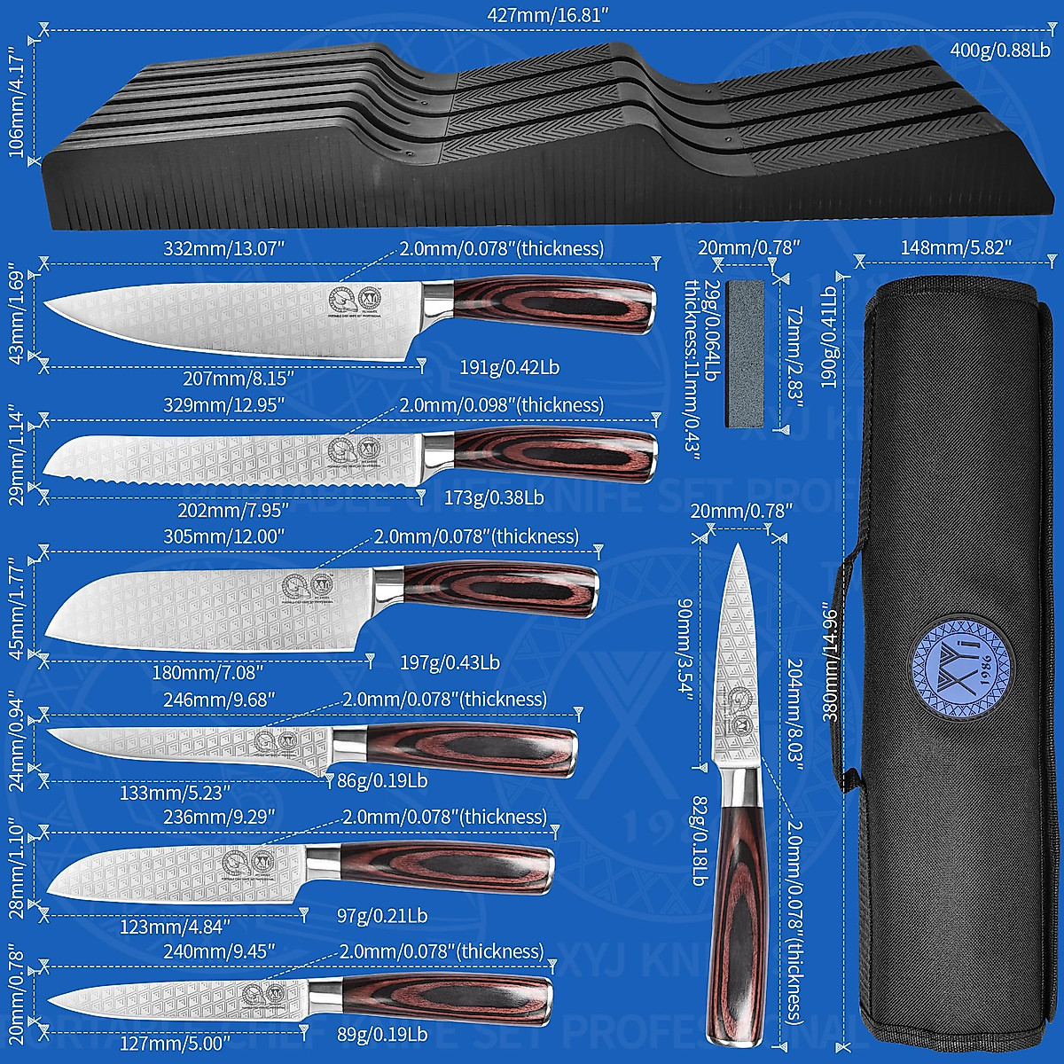 XYJ Kitchen Knife Block Sets 7pcs Stainless Steel Chef Knife Canvas Knife Bag Drawer Knife Holders Cooking Knife For Meat Fish Vegetable Cutting (Coffee)