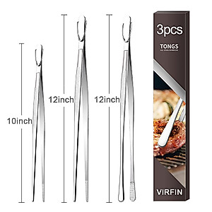 VIRFIN 3PCS Kitchen Tweezers, Fine Tweezer Tongs for Cooking, Extra-Long Stainless Steel Cooking Tweezers f or Kitchen, Baking, Sea Food, Food, BBQ, Repairing and Pet Feeding(10 12 12 Inch, Silver)