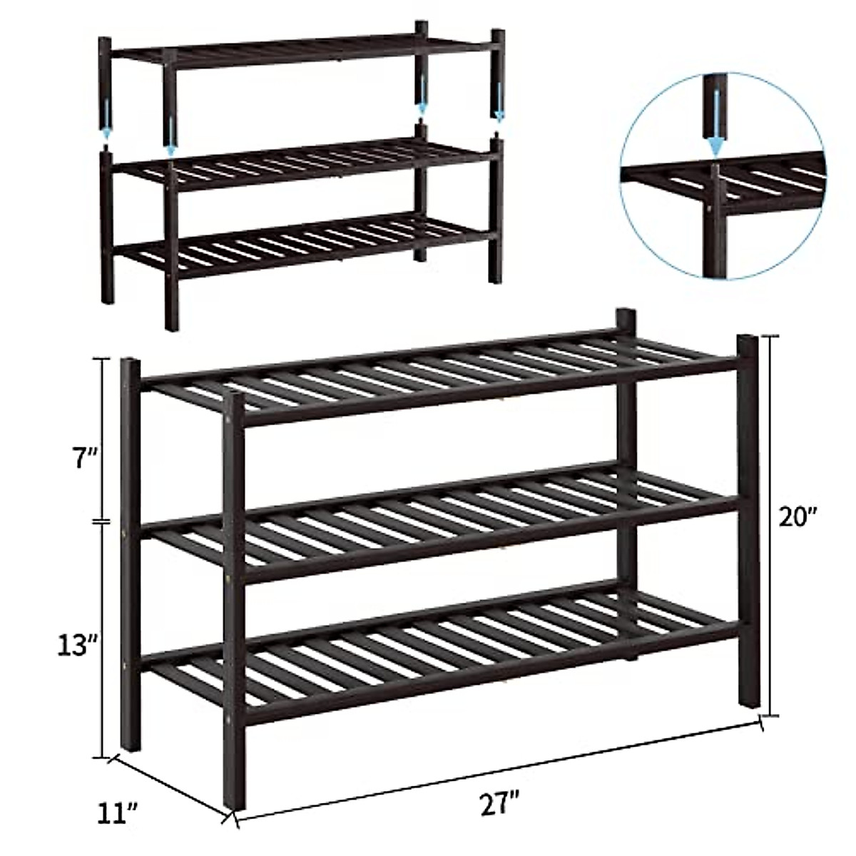 RONGJIA 3 Tier Bamboo Shoe Rack for Closet Free Standing Wood Shoe Shelf Storage Organizer for Entryway Small Space Stackable, Brown