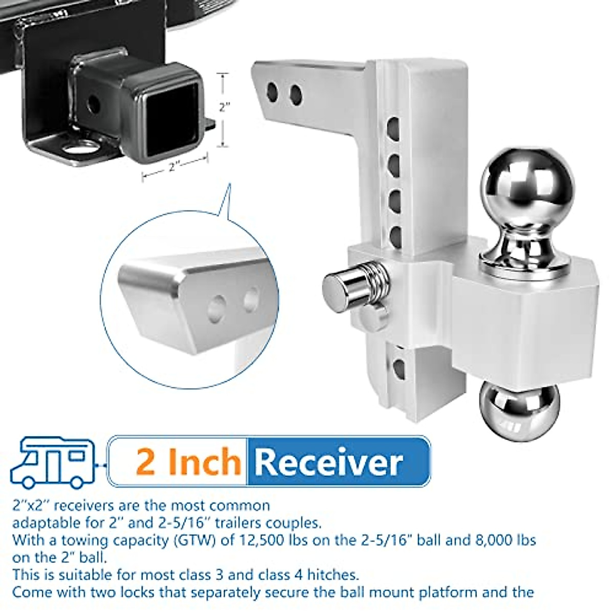 Adjustable Trailer Hitch - Tlvuvmo 8 Inch Drop Hitch for 2 Inch Receiver, Ball Mount Hitch 12,500 LBS, 2" and 2-5/16" Stainless Steel Dual Balls, Aluminum Tow Hitch with Double Anti-Theft Pins Locks