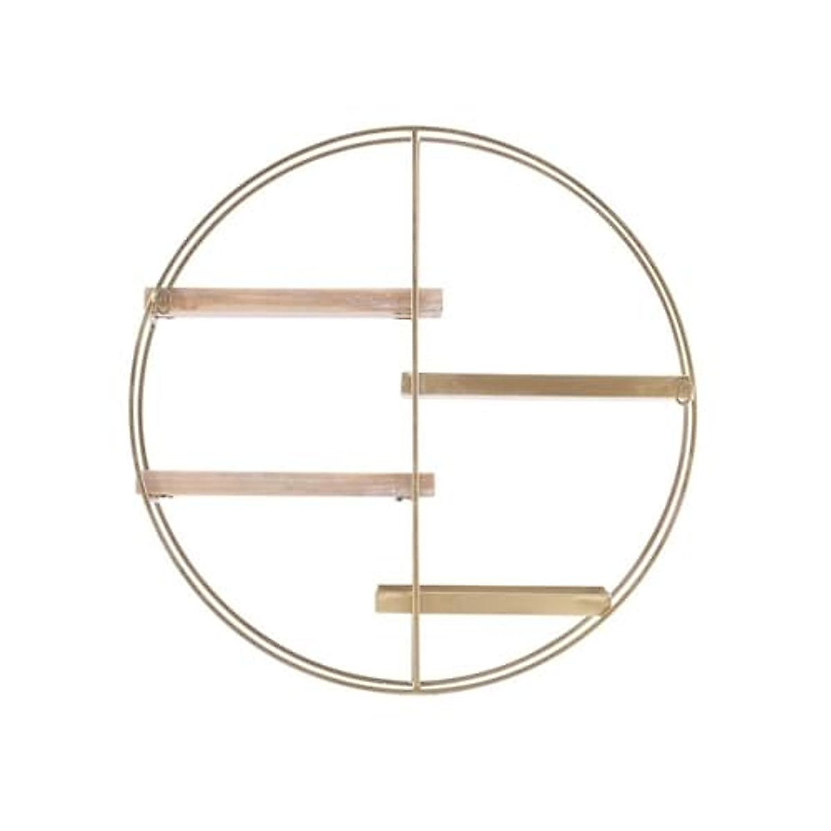 Linon Kenson Round Metal and Greywashed Wood Four Shelf Wall Storage in Gold