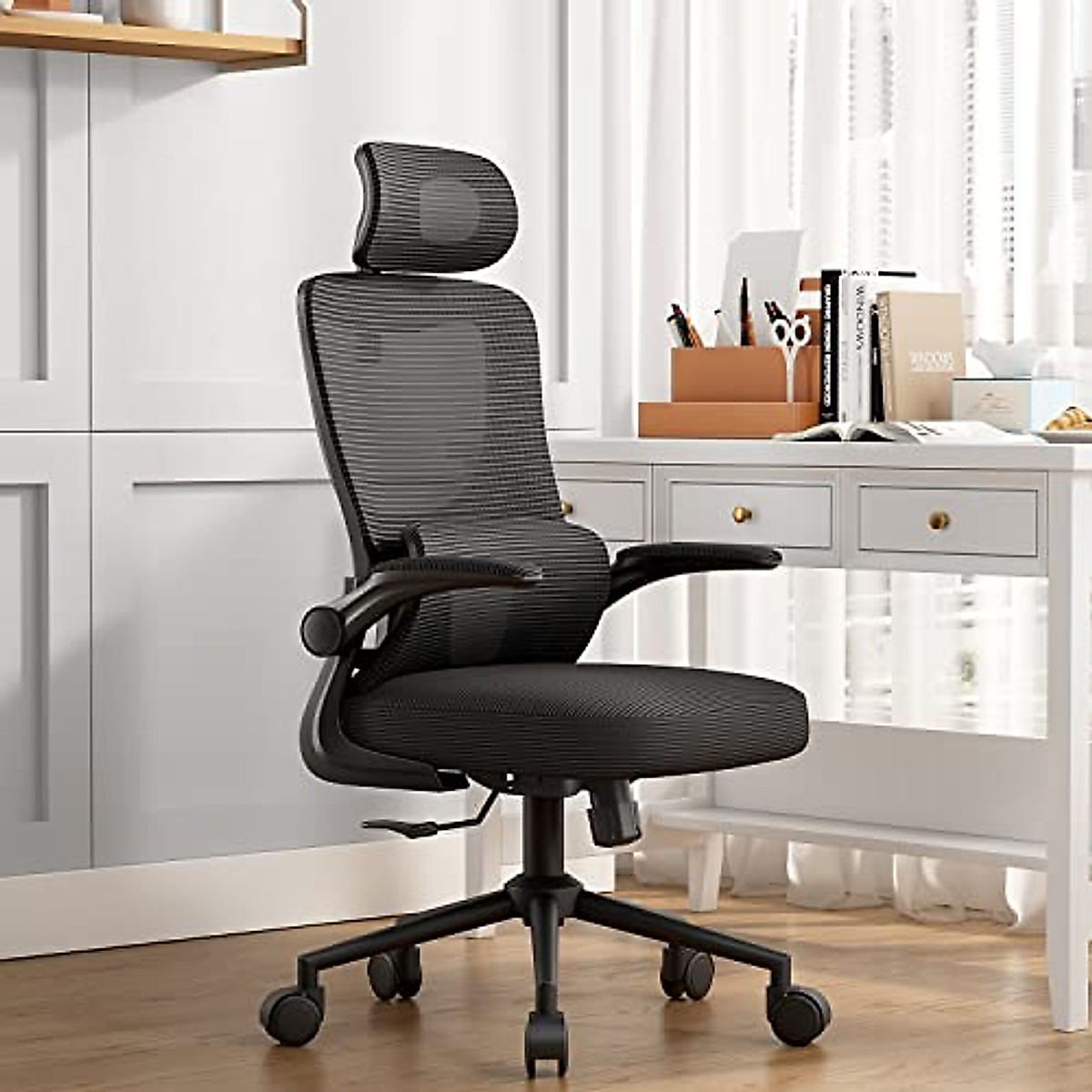 BRTHORY Office Chair Height-Adjustable Ergonomic Desk Chair with Lumbar Support, Breathable Mesh Computer Chair High Back Swivel Task Chair with Adjustable Headrest and Flip-up Armrests - Black