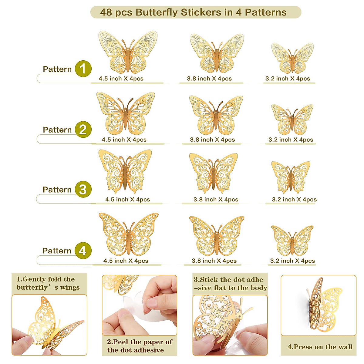 Gold Butterfly Decorations Party 3D Butterfly Wall Decor Stickers, 48Pcs 4 Styles 3 Sizes, Butterfly Cake Decorations Paper Butterflies Wall Decals for Kids Baby Nursery Bedroom Room Decor Birthday
