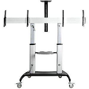 StarTech.com Dual TV Cart for 37-60in VESA TVs up to 110lb/50kg Each - Height Adjustable TV Mount, Mobile Display Cart w/Equipment Shelves - Rolling TV Cart on Wheels - Rolling TV Stand (STNDMTVDUO)