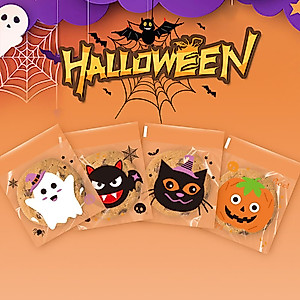 CMJSGG 400 Pcs Halloween Clear Treat Bags Self Adhesive Cookie Bags Trick or Treat Candy Bags Cellophane Bags for Halloween Cookie, Gift, Candy, Snacks Packaging (4 Cute Cartoon Patterns)